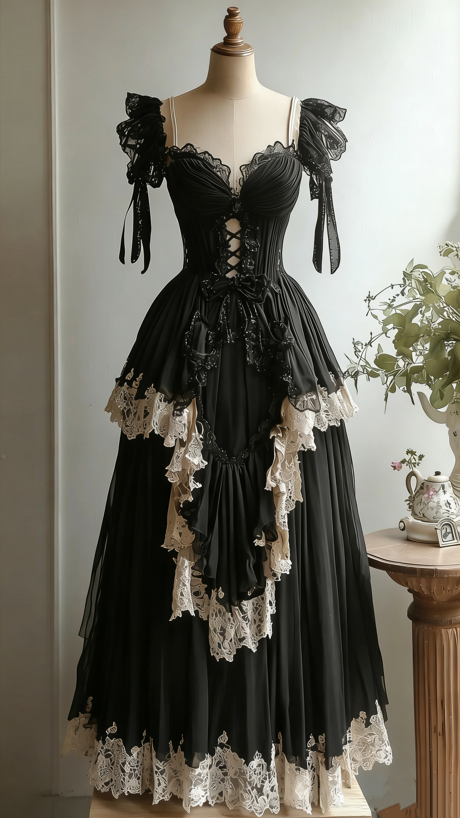 Dark Gothic Style Black Tulle & Cream Lace Lace-Up Ballgown - Witch Th ...
